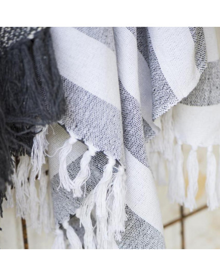 Hvid Plaid m. Sorte Striber - 130x160 - Bomuld - Ib Laursen